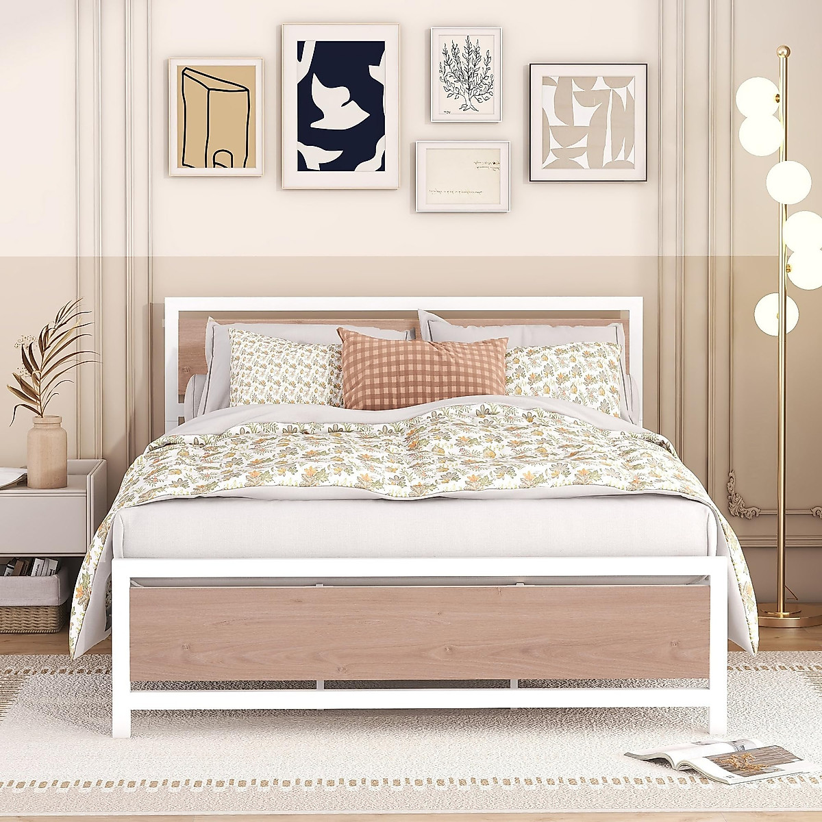 FANYHOME Queen Size Platform Bed, Metal and Wood Bed Frame with Headboard and Footboard, White