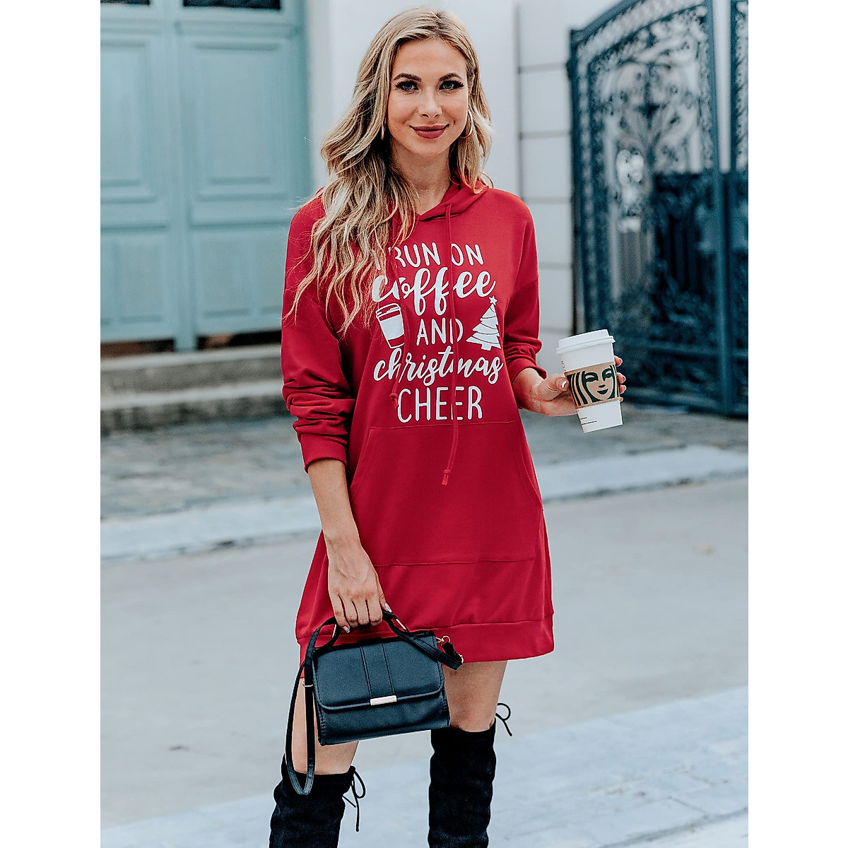 Quenteen I Run On Coffee and Christmas Cheer Sweatshirt Dress For Women Casual Loose Fitiing Hoodies Dress Red Small