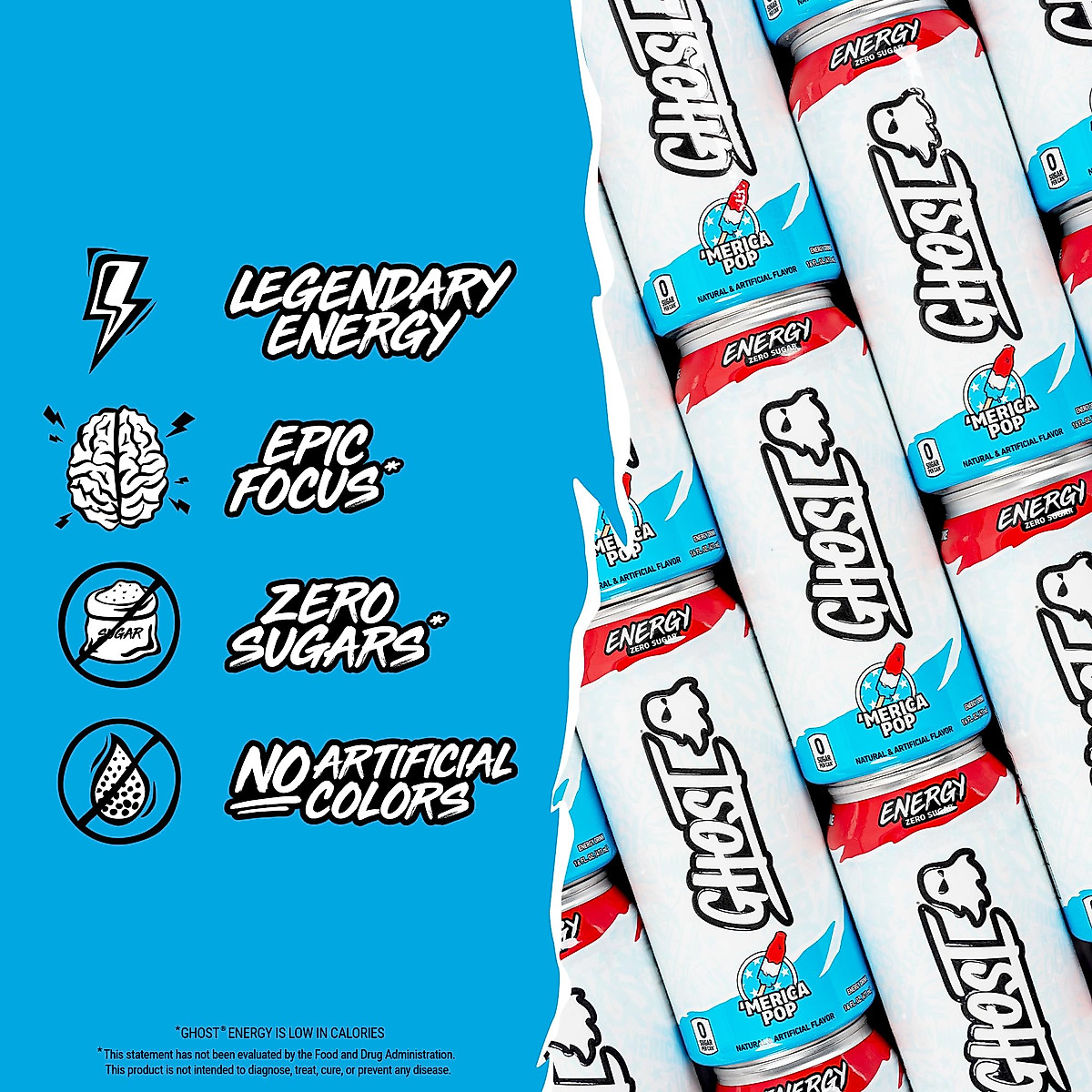 GHOST Energy Drink - 12-Pack, 'Merica Pop, 16oz Cans - Energy & Focus & No Artificial Colors - 200mg of Natural Caffeine, L-Carnitine & Taurine - Gluten-Free & Vegan