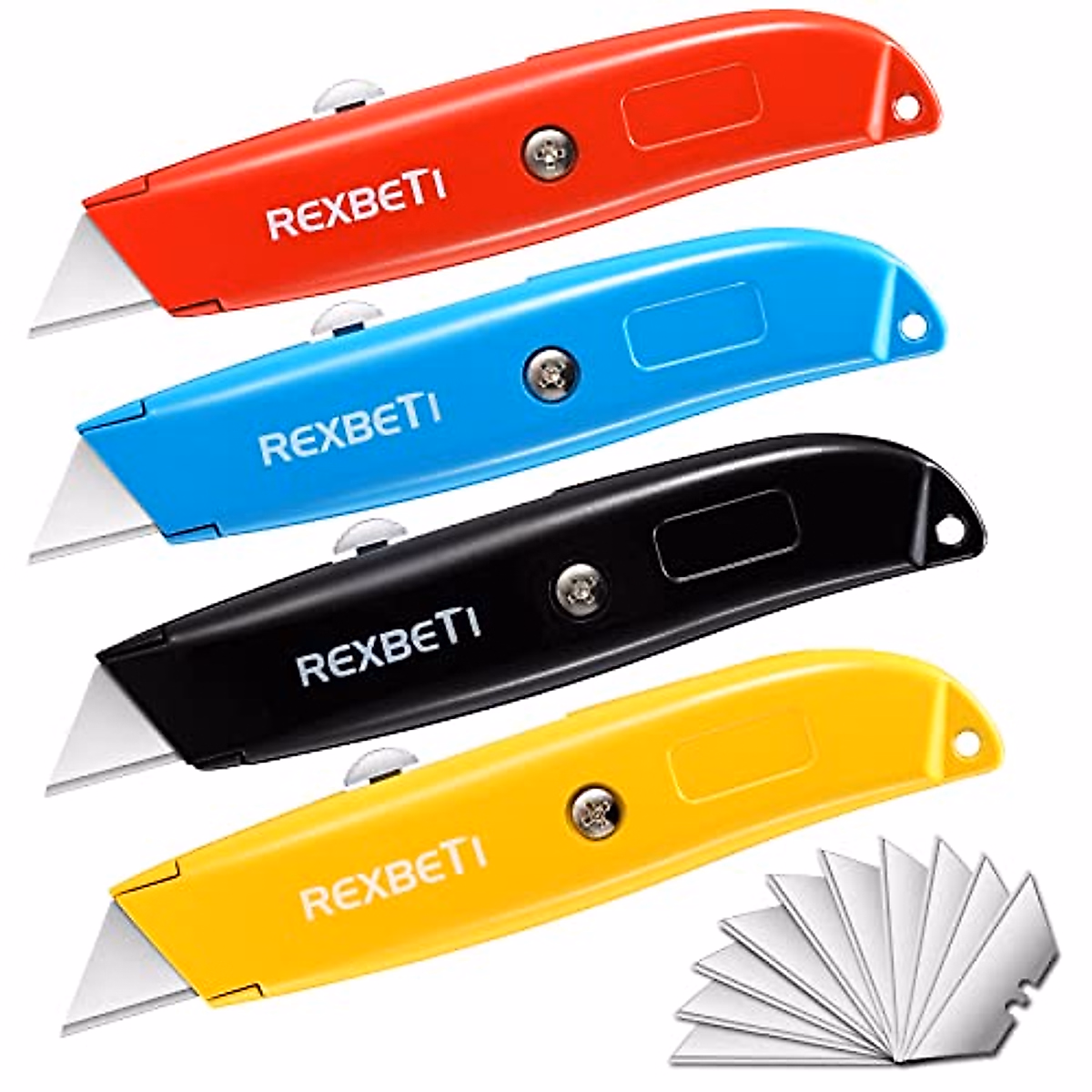 REXBETI 4-Pack Utility Knife, Heavy Duty Aluminum Shell Retractable Box Cutter for Cartons, Cardboard and Boxes, Extra 10 Blades Included