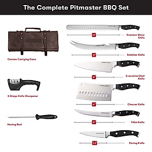 Master Maison 15-Piece Durable Professional Kitchen Knife Set - BBQ Knives, Chef Knives, Kitchen Knives - Honing Rod, Knife Sharpener, 6 Knife Sheaths, & Canvas Bag Carrying Case - Grill Accessories