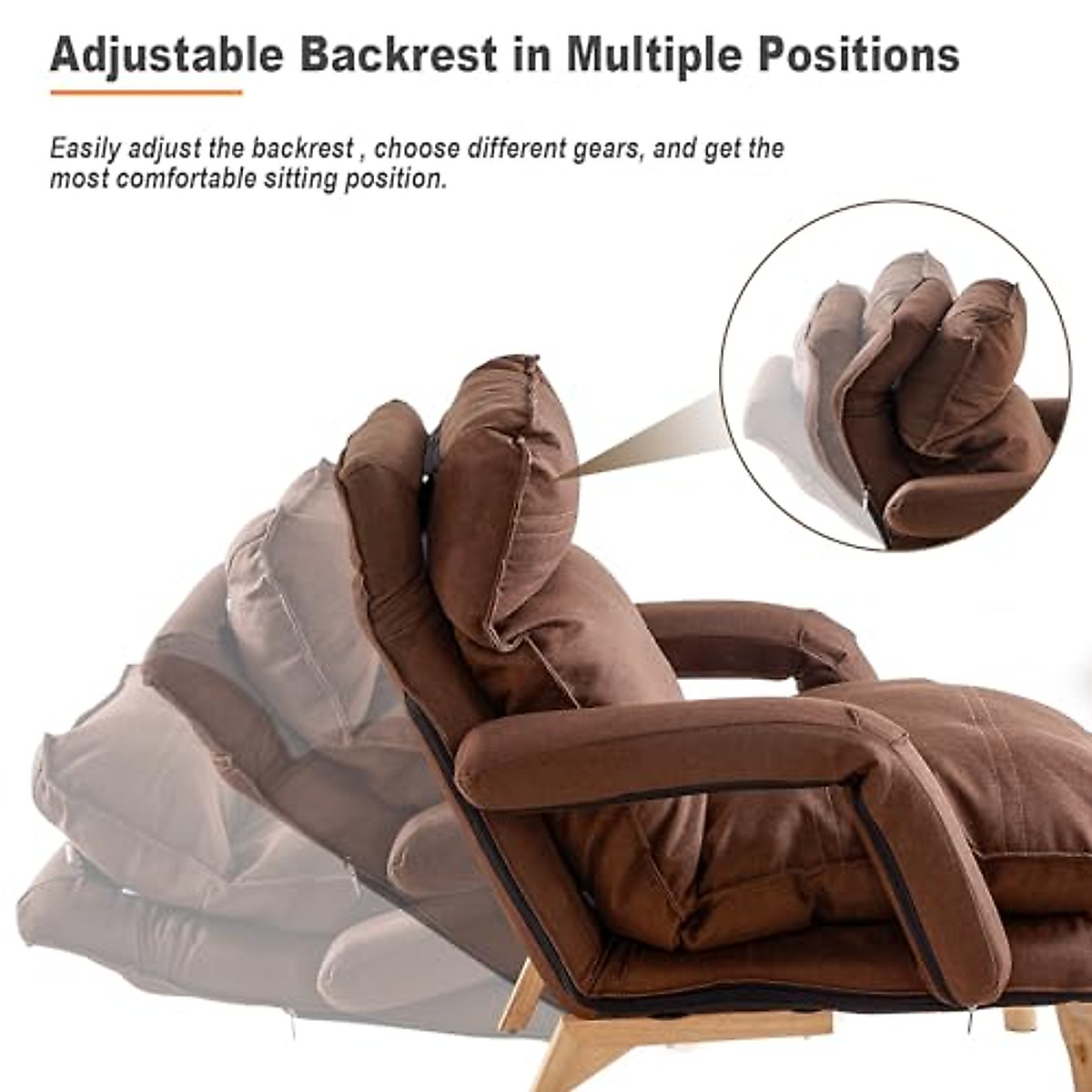 CLIPOP Modern Living Room Accent Chair with Ottoman, Comfy Linen Armchair with Adjustable Backrest(5 Angles), Solid Wood Legs, Leisure Upholstered Single Sofa Chair with Footrest, Brown