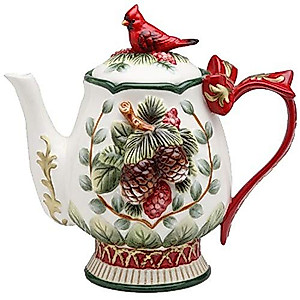 Fine Ceramic Hand Painted Cardinal and Evergreen Pine Cone Design with Red Ribbon Handle Teapot, 8-1/8" L