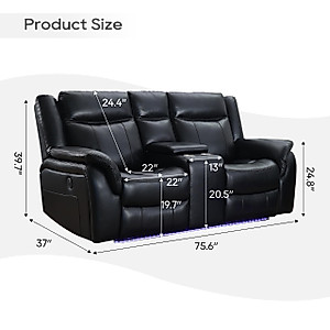 Power Loveseat Recliner Couch with console, Faux Leather Reclining Dual Recliners with LED Lights, Comfort Stretch Love Seat Recliner Sofa, Movie RV Theater Seating Chairs for Living Room, Home, Black