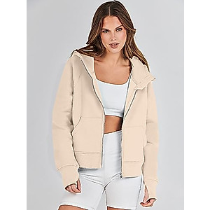 ANRABESS Women's Cropped Hoodies 2023 Fall Plain Jacket Cute Teen Girl Athletic Tops Ribbed Knit Casual Long Sleeve Fleece Sweatshirts Zip Up Hippie Clothes Thumb Hole A1015shenkaqi-S Apricot