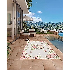Easter Outdoor Rug for Patio/Deck/Porch, Non-Slip Area Rug 5x8 Ft, Bunny Ears Pink Spring Floral Botanical Rustic Burlap Indoor Outdoor Rugs Washable Area Rugs, Reversible Camping Rug Carpet Runner