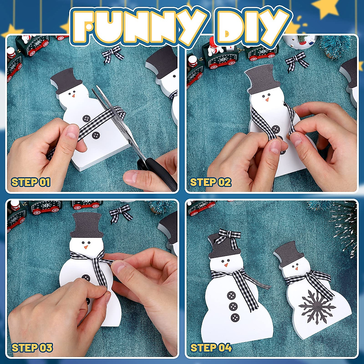 Whaline 3Pcs Christmas Snowman Wooden Decorations Black White Snowman Wood Centerpiece with Plaid Ribbon Xmas Tiered Tray Decor Rustic Snowman Blocks for Xmas Home Mantel Fireplace Tabletop Decor