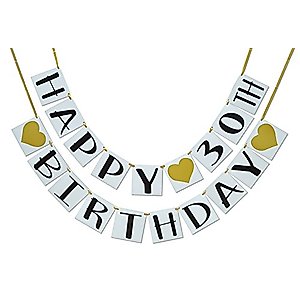 Happy 30th Birthday Banner - Gold Hearts and Ribbon - Birthday Decorations