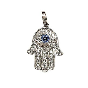 LaTisoro Sterling Silver Blue CZ Hand of Hamsa Pendant - Evil Eye Defense - 100% Hypoallergenic & Allergy Free Jewelry