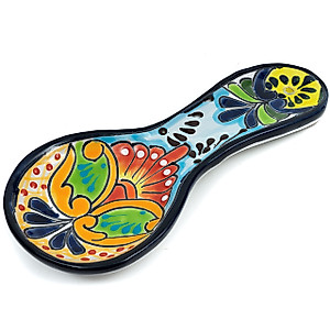 Enchanted Talavera Hand Painted Ceramic Spoon Rest Kitchen Counter top Utensil Holder For Spoons Spanish Mexican Decorations (Multi)
