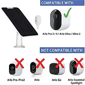Solar Panel Charger Compatible with Arlo Pro 3/Pro 4/Pro 5S/Ultra/Ultra 2/Go 2 Continuous Power Supply IP65 Weatherproof with 9.8ft Charging Cable and Adjustable Wall Mount