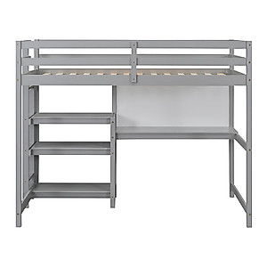 GINGVAT Twin Size Loft Bed with Desk and Shelves,Wooden Loft Bed Frame with Writing Board,for Kids Teens Boys Girls,No Spring Box Needed,Gray