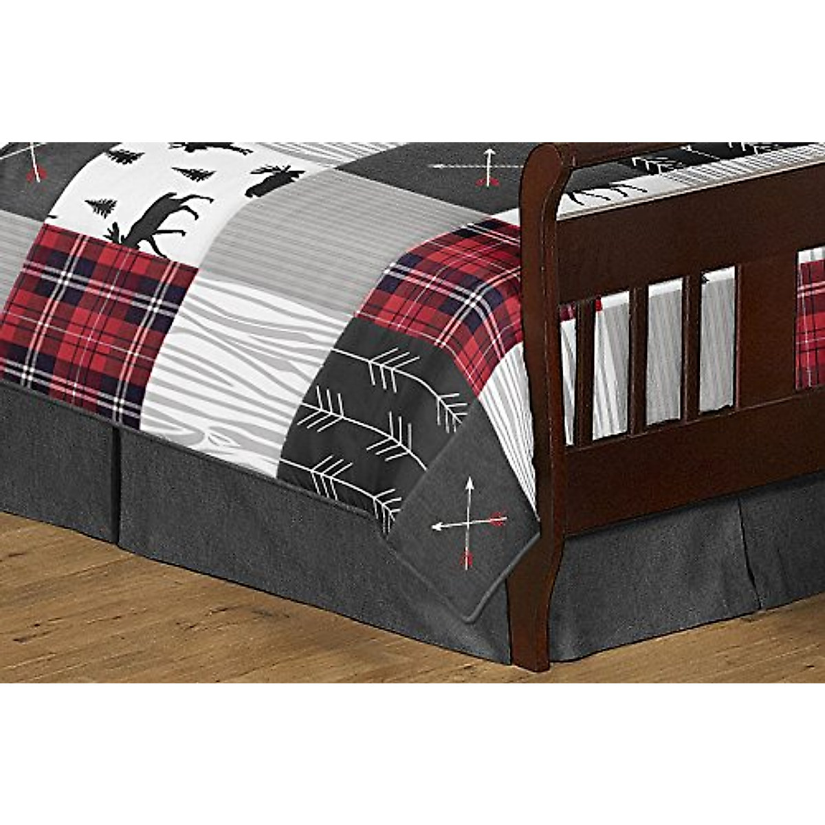 Sweet Jojo Designs Grey, Black and Red Woodland Plaid and Arrow Rustic Patch Boy Toddler Kid Childrens Bedding Set - 5 Pieces Comforter, Sham and Sheets - Flannel Moose Gray