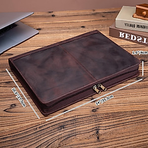 Geslun Genuine Leather Portfolio with 3 Ring Binder, Full Grain Leather Padfolio Zippered, A4 Notebook Holder Laptop Sleeve Professional Folder Organizer Gift for Men and Women, Dark Brown