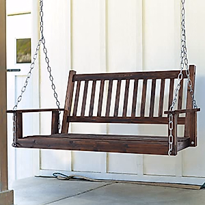 MUPATER Outdoor Patio Hanging Wooden Porch Swing 5FT with Chains, 3-Person Heavy Duty Swing Bench for Garden and Backyard, Rustic