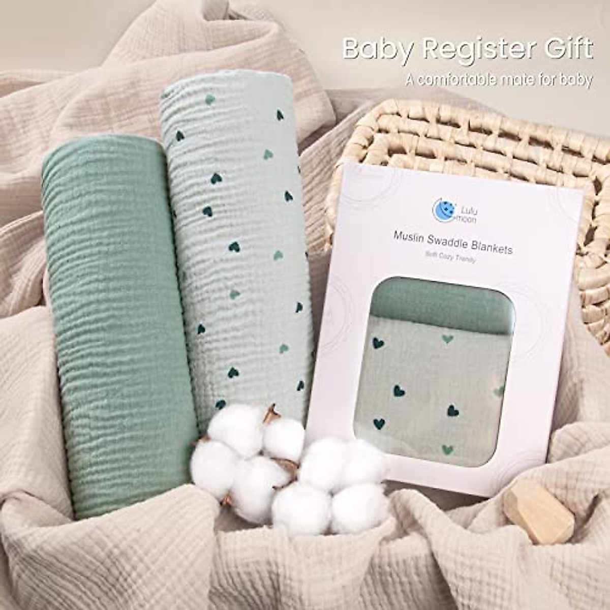 Lulu moon Muslin Swaddle Blanket Baby Receiving Blankets Neutral, 2 Pack, Sage