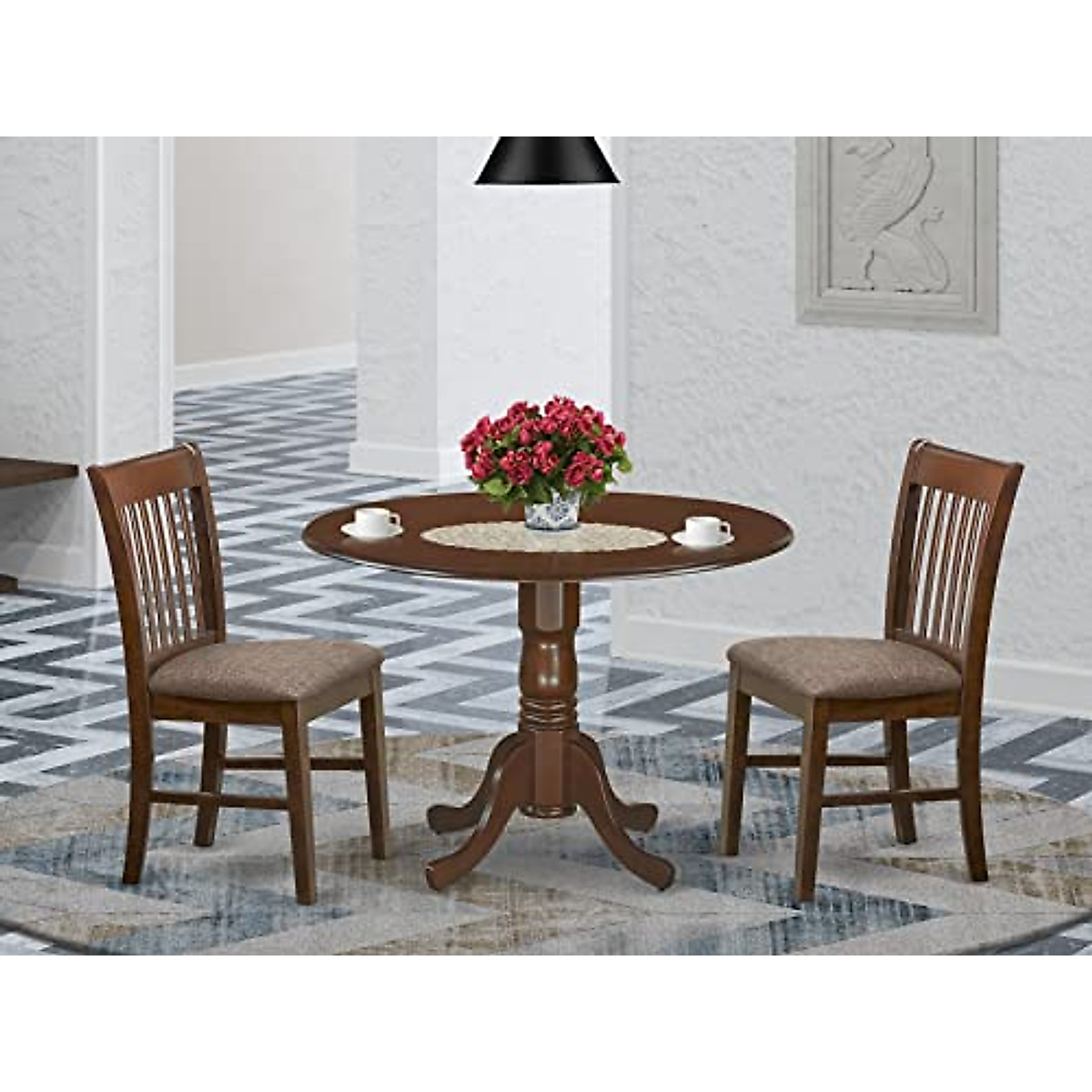 East West Furniture Dublin 3 Piece Kitchen Table & Chairs Set Contains a Round Room Table with Dropleaf and 2 Linen Fabric Upholstered Dining Chairs, 42x42 Inch, Mahogany