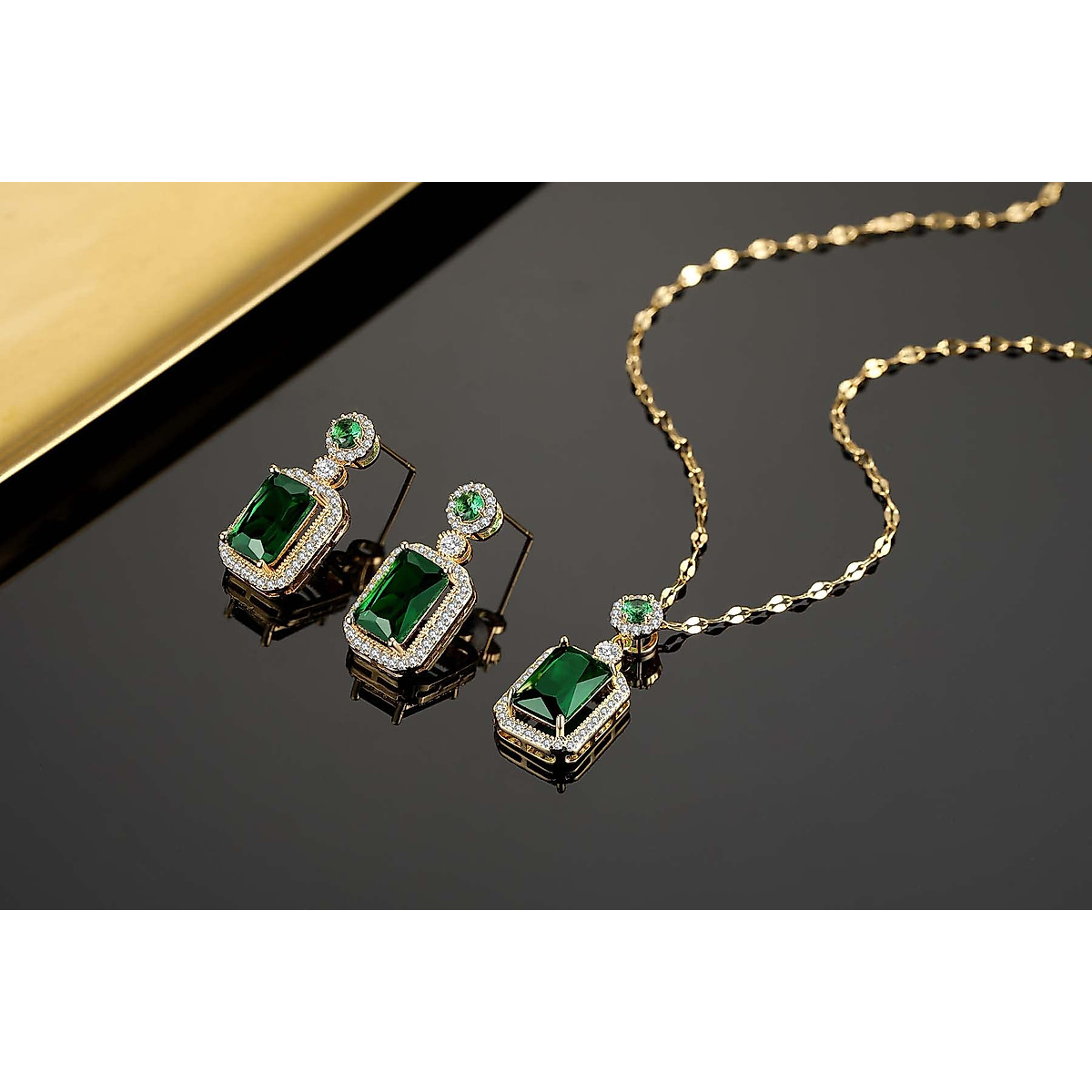 LYLYMIMI Emerald Jewelry for Women Green Stone Necklace Earrings Set Cute Necklaces with Crystal Dangle Earrings