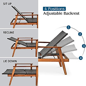 Tangkula 3 Pieces Outdoor Chaise Set, Wicker Rattan Lounge Chair w/Acacia Wood Frame, 4 Adjustable Positions Patio Wicker Lounge Set & Foldable Side Table, Suitable for Lawn, Backyard (Mix Brown)
