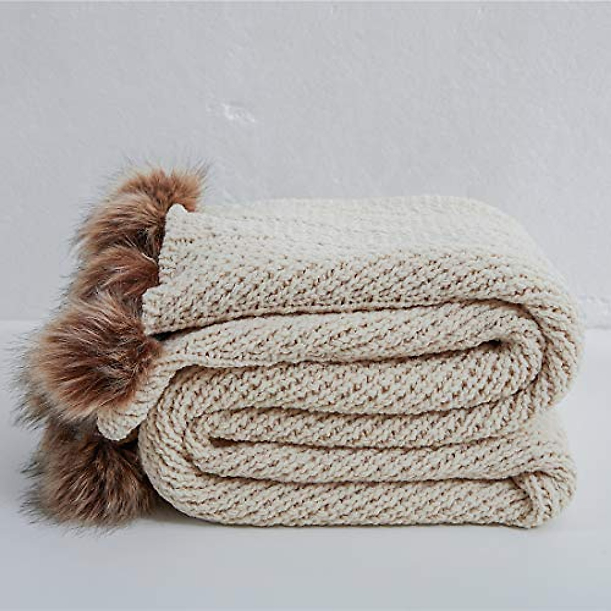 vctops Fur Pom Pom Knit Throw Blanket Super Soft Warm Cozy Cable Knitted Blanket for Sofa and Couch 51 x 63 Inch Beige Apricot