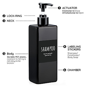 Segbeauty Shampoo and Conditioner Dispenser Refillable, 3pcs 16.9oz Shower Bottles Soap Dispenser with Labels, 500ml Empty Plastic Square Pump Bottle Dispenser Body Wash Containers for Bathroom Black
