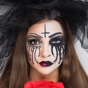 2 Pack Day Of The Dead Skull Temporary Rhinestone Temporary Face Tattoo,Face Stickers Gems Jewels for Halloween Festival Rave Party Outfit