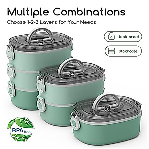 KHOXU Bento Lunch Box, Stackable 3 Layers Bento Box Adult Lunch Box, 94OZ Large Capacity Lunch Containers, Lunch Box Kids with Accessories Kit , Leak-Proof, Food-Safe Materials, Green