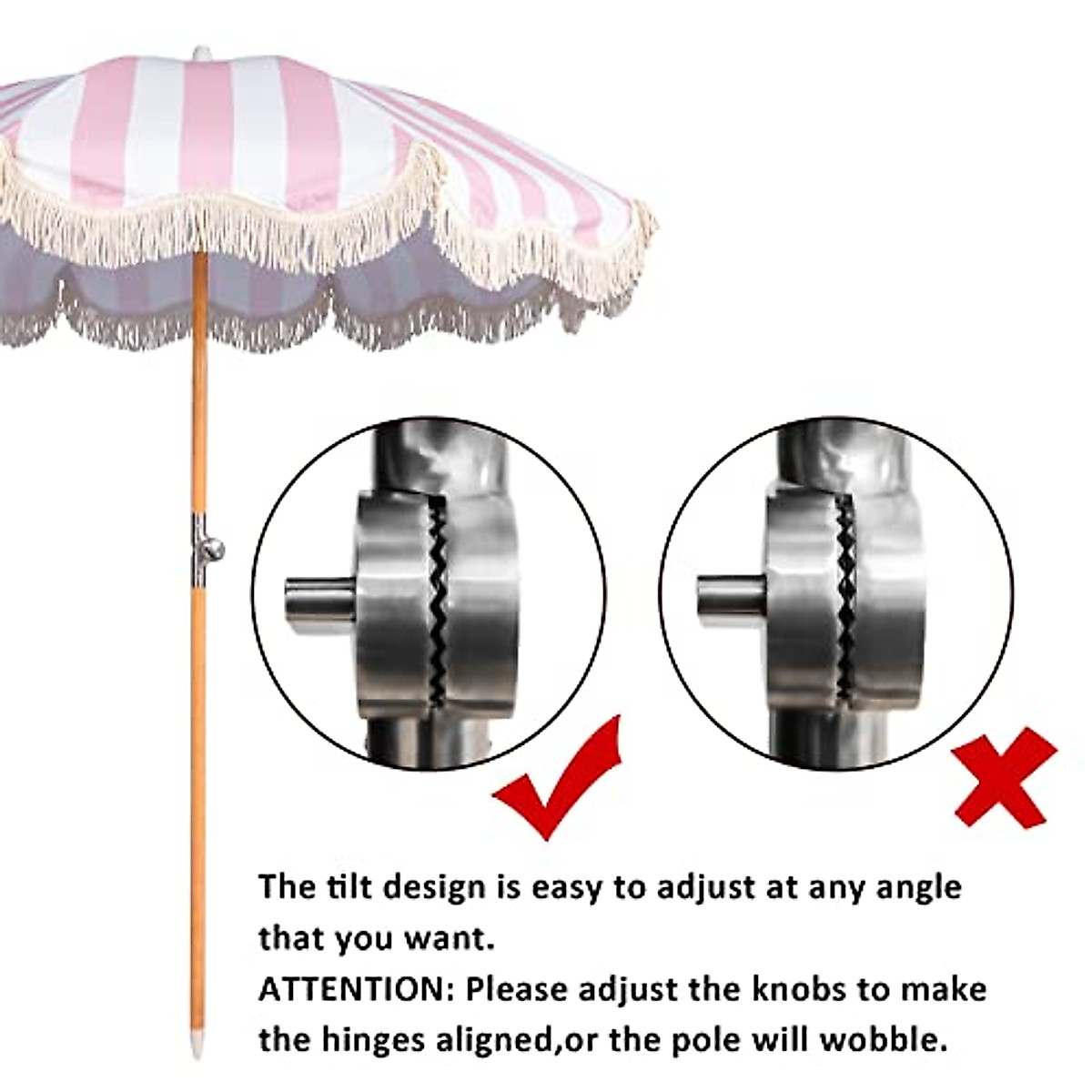 Funsite 6.5ft Boho Beach Umbrella with Fringe, UPF 50+ Tassel Umbrellas with Carry Bag, Premium Wood Pole Foldable Patio Umbrella for Outdoor Holiday Garden Lawn Pool Yard Table, Pink Stripe
