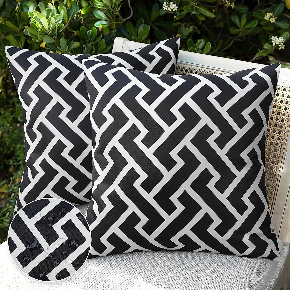 Pyonic Outdoor Waterproof Pillow Covers Set of 2 18X18 Inch Modern Geometric Black and White Decorative Outdoor Pillows for Patio Garden