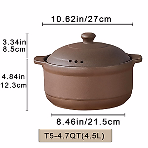 Natural Terracotta Casserole with Lids Clay Pots for Cooking, Unglazed Earthenware Rice Pots (T5-4.7QT)