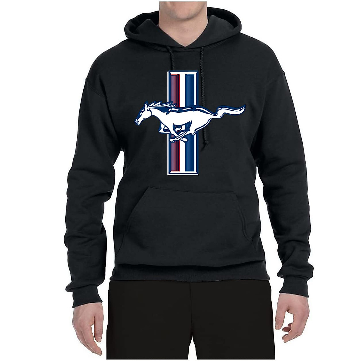 Ford Mustang Retro USA Vintage Logo Classic Bar | Mens Cars and Trucks Hooded Sweatshirt Graphic Hoodie, Black, Large