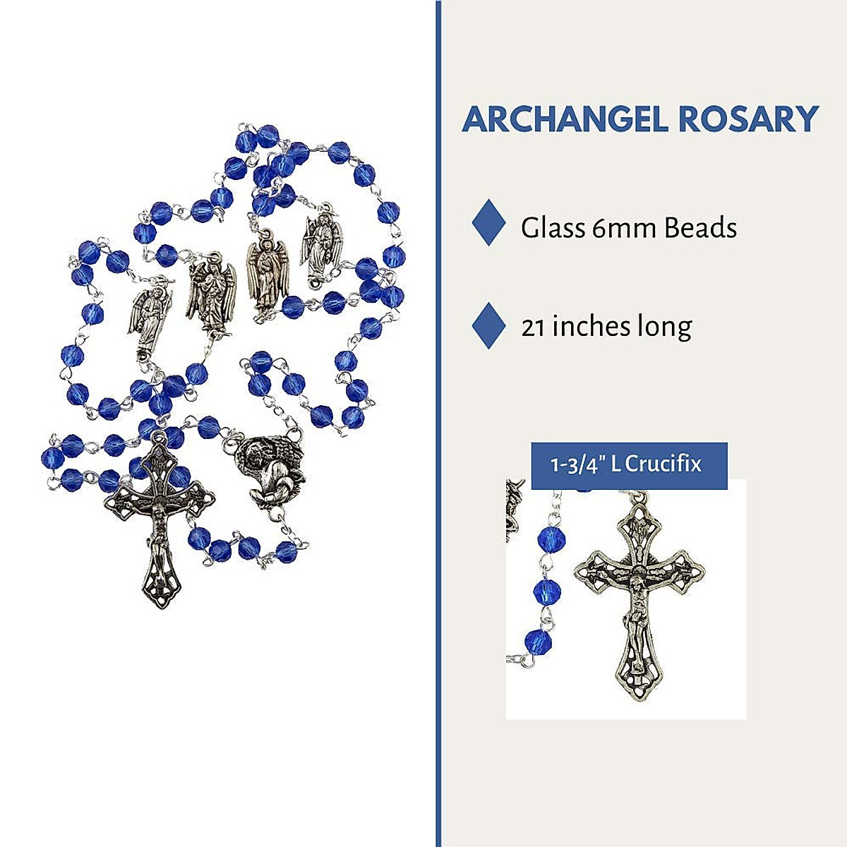 Blue Acrylic Rosary with Archangels Our Father Prayer Beads, 20 Inch