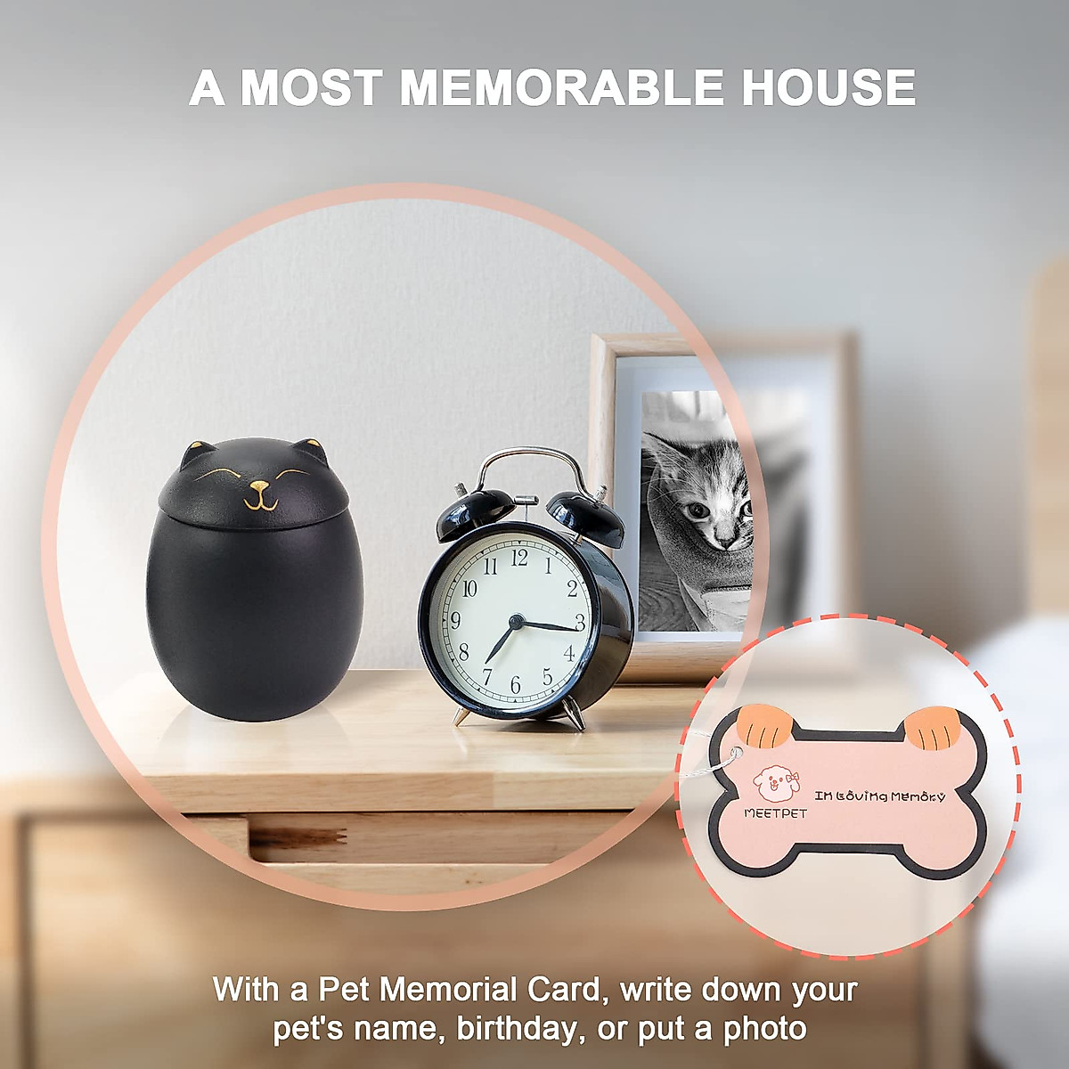 MEETPET Cat Urn Dog Urn Sized 3.2x2.9 and 4.9x4.25. A Smiley-Cat Pet Urn with a Memoria Card.Cat Urns for Ashes for Your Pet (12 cu/in, Black)