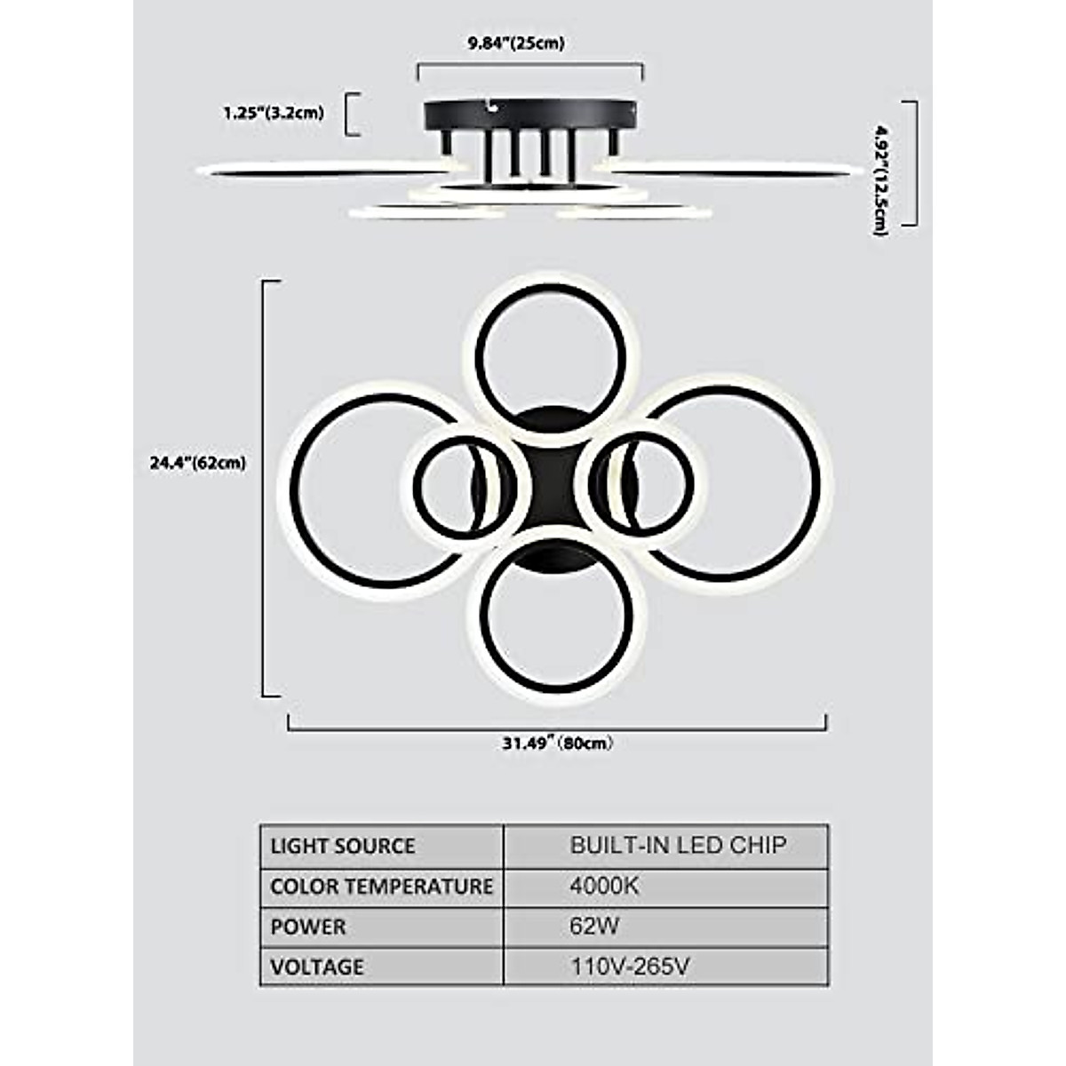 Vikaey Modern 6 Rings LED Ceiling Light & Black Dimmable LED Ceiling Light（11.8"）