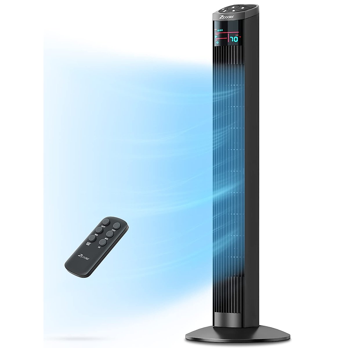 ZICOOLER 37" Tower Fan, Large Airflow 70° Oscillating Fan with Remote, 32dB Quiet Fan with 3 Modes, LED Display, 15H Timer, 3 Speeds, Standing Fan for Bedroom, Home, Office