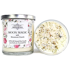 Moon Magic Natural Soy Candle | 10 Oz with Crystals, Lotus & Frankincense | Wiccan, Pagan Hoodoo, Magic