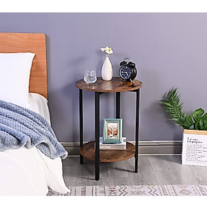 RokiaTek Round Sofa Side End Tables 2-Tier Industrial Bedside Nightsand Tables Steel Frame MDF Top, Easy Assembly for Small Spaces Living Room Bedroom Balcony, Matte Black and Rustic Brown