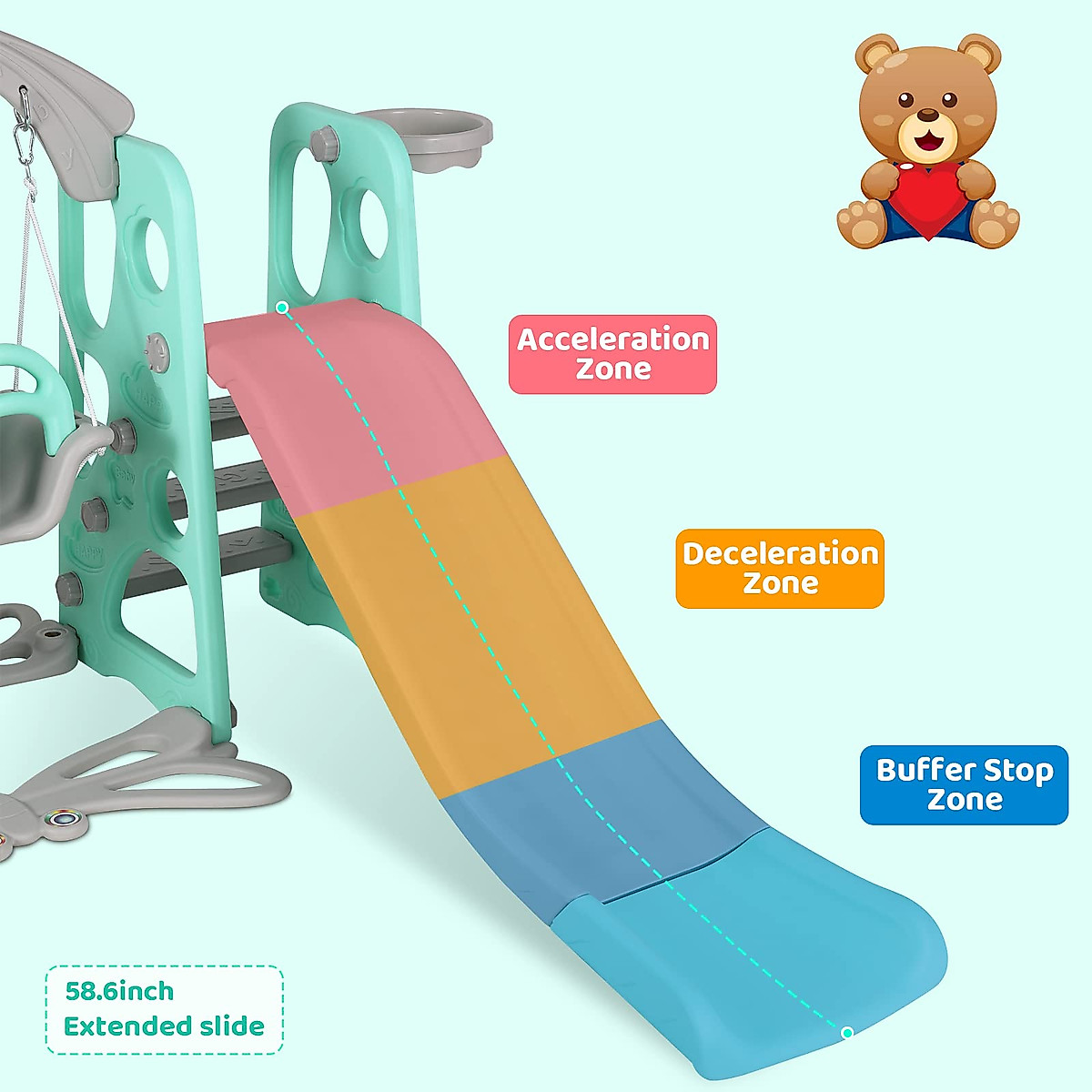 Arlopu Toddler Slide and Swing Set, 4 in 1 Kids Play Climber Slide Playset w/Basketball Hoop Extra Long Slide Extra Ball, Baby Swing for Indoor Outdoor Playground, Easy Set-Up, 3 Years Old (Fiery)