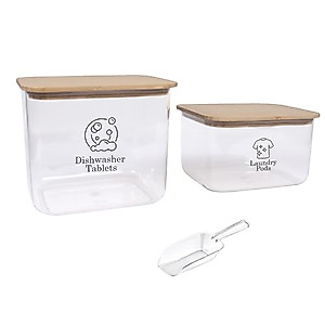 Xbopetda Laundry Pods Container Dishwasher Pods Holder, Acrylic Laundry Powder Detergent Dispenser Dishwasher Tablets Container, Sealing Lid and Scoop, Kitchen Storage Laundry Room Organizer - Clear
