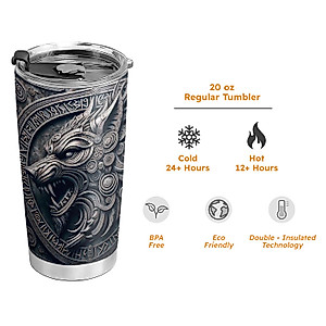 20oz Viking Celtic Warrior Wolf Tumbler, Norse Mythology, Viking Gifts for Men, Coffee Thermos for Men, Stainless Steel Double Wall Vacuum Insulated Coffee Mug, Travel Cup with Lid