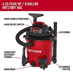 CRAFTSMAN CMXEVBE17590 9 Gallon 4.25 Peak HP Wet/Dry Vac, General Purpose Portable Shop Vacuum with Attachments