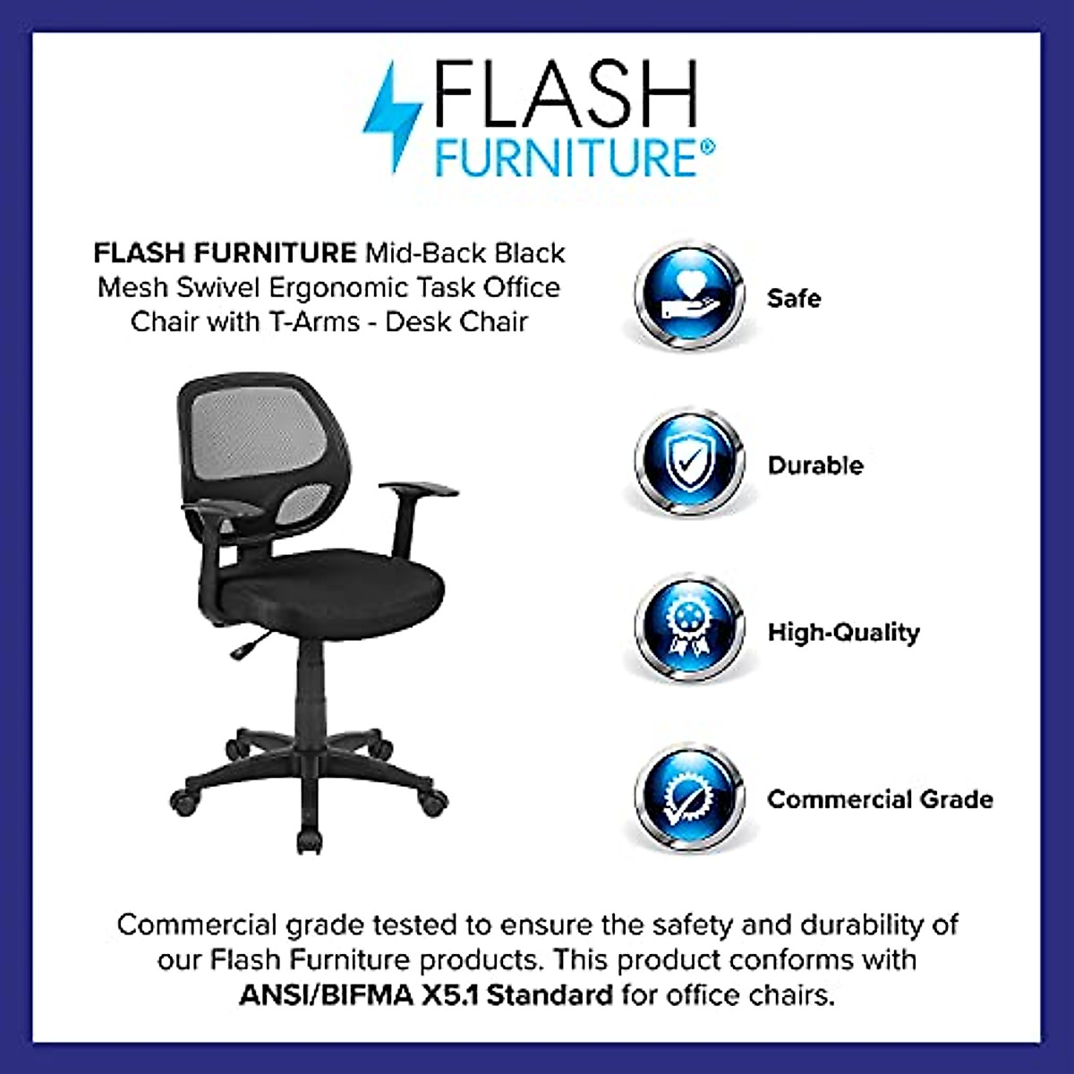 Flash Furniture Mallard Mid-Back Black Mesh Swivel Ergonomic Task Office Chair with T-Arms - Desk Chair