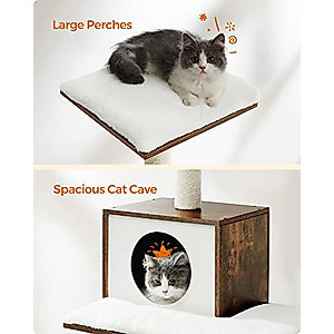 Feandrea WoodyWonders Cat Tree, Modern Cat Tower for Indoor Cats, 54.3-Inch Multi-Level Cat Condo, Ultra-Soft Plush, Scratching Posts, Hammock, Removable, Washable Cushions, Rustic Brown UPCT164X01