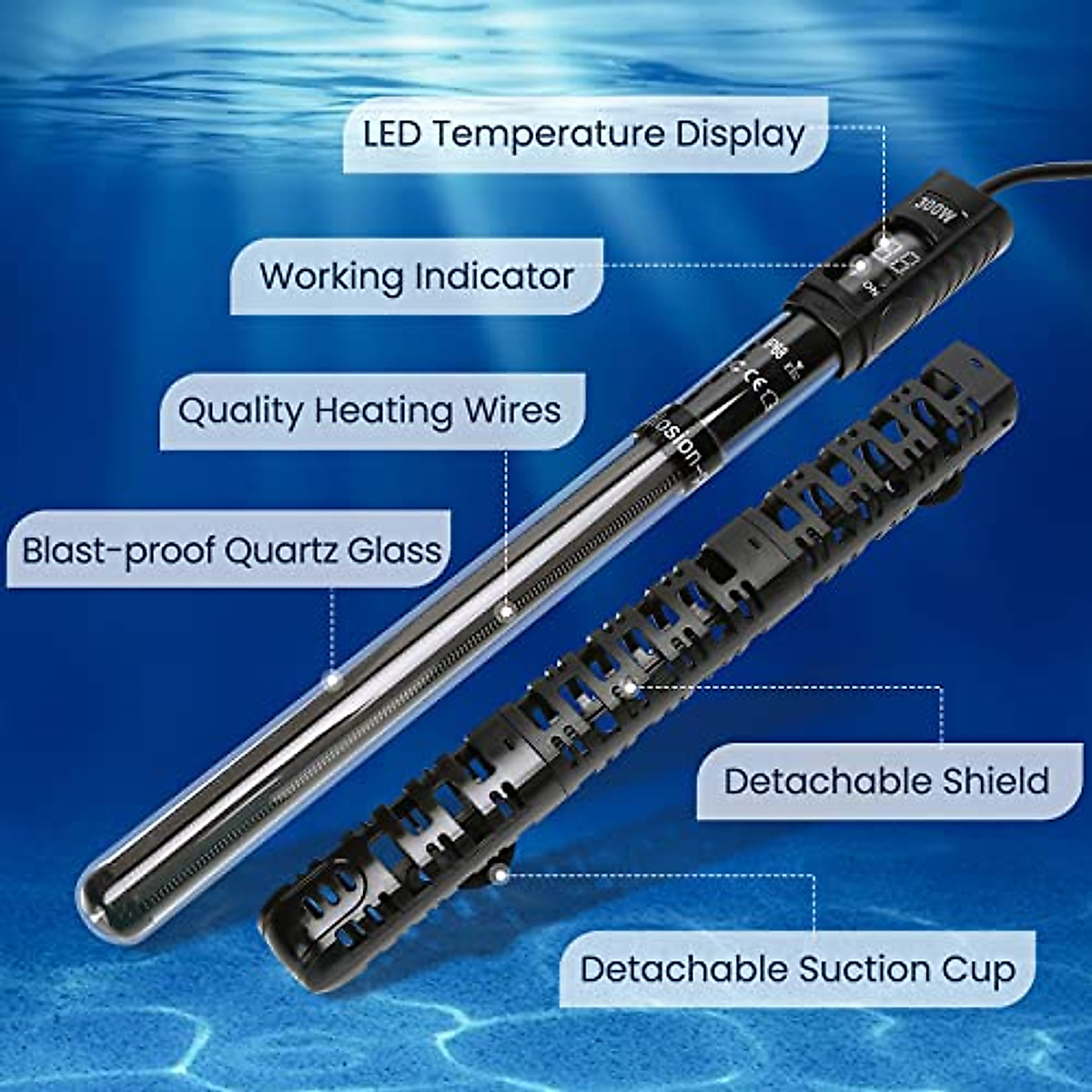 MQ Submersible Aquarium Heater, 200-500W LED Display Fish Tank Heater with External Thermostat Controller and Thermometer Sticker, Auto Thermostat for Tank 30-80 Gallon (500W for 70-80 Gallon Tank)