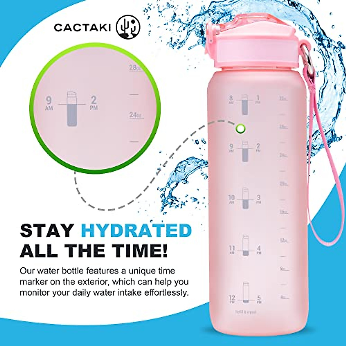 Cactaki 32 oz Water Drinking Bottle with Time Marker - Stay Hydrated - Hydration Tracker & Reminder to Drink With Hourly Measurement Markings - Leak Spill Proof & BPA Free