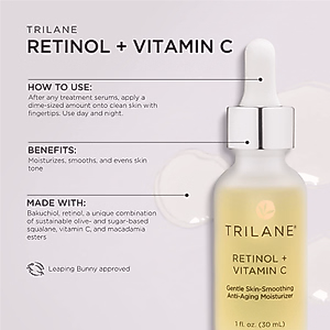 Trilane Retinol + Vitamin C with Squalane, Visibly Reduces the Signs of Aging for Softer, Smoother, More Radiant Skin with Zero Irritation, 1 fl. oz.