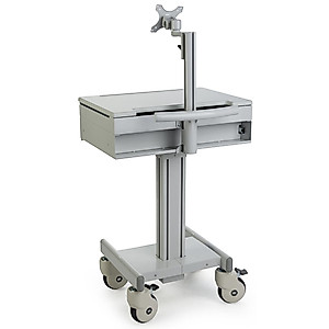 Displays2go Mobile Desk with Monitor Display & Keyboard Tray, Locking Wheels, Steel, Plastic, MDF – Gray (DWMDC1M)