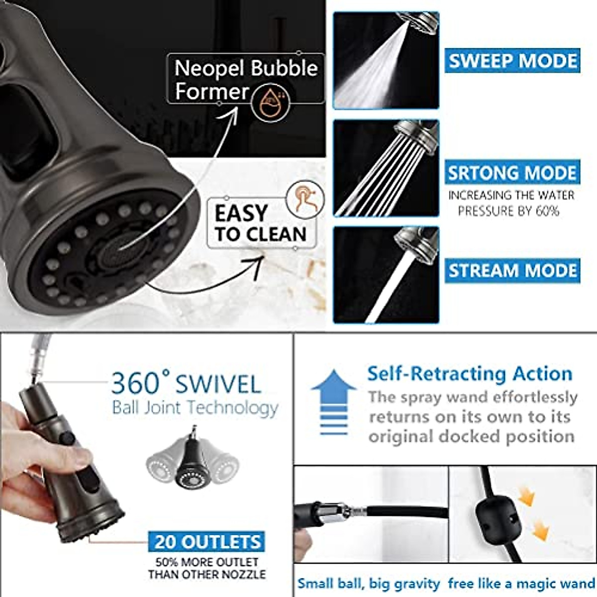 Touchless Kitchen Faucet Automatic Motion Sensor Activated Hands-Free Kitchen Sink Faucets 4Mode Pull Down Sprayer One/3 Hole Deck Plate, Kitchen Faucet for Sink w/ Smart Sensor, Auto Off