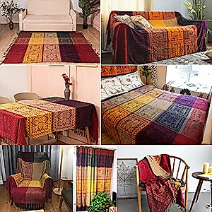 CUEERBOT Bohemian Throw Blankets Colorful Boho Sofa Throw Cover Chenille Jacquard Tassels Reversible Woven Aztec Blankets for Couch Bed Red 60" x 75"