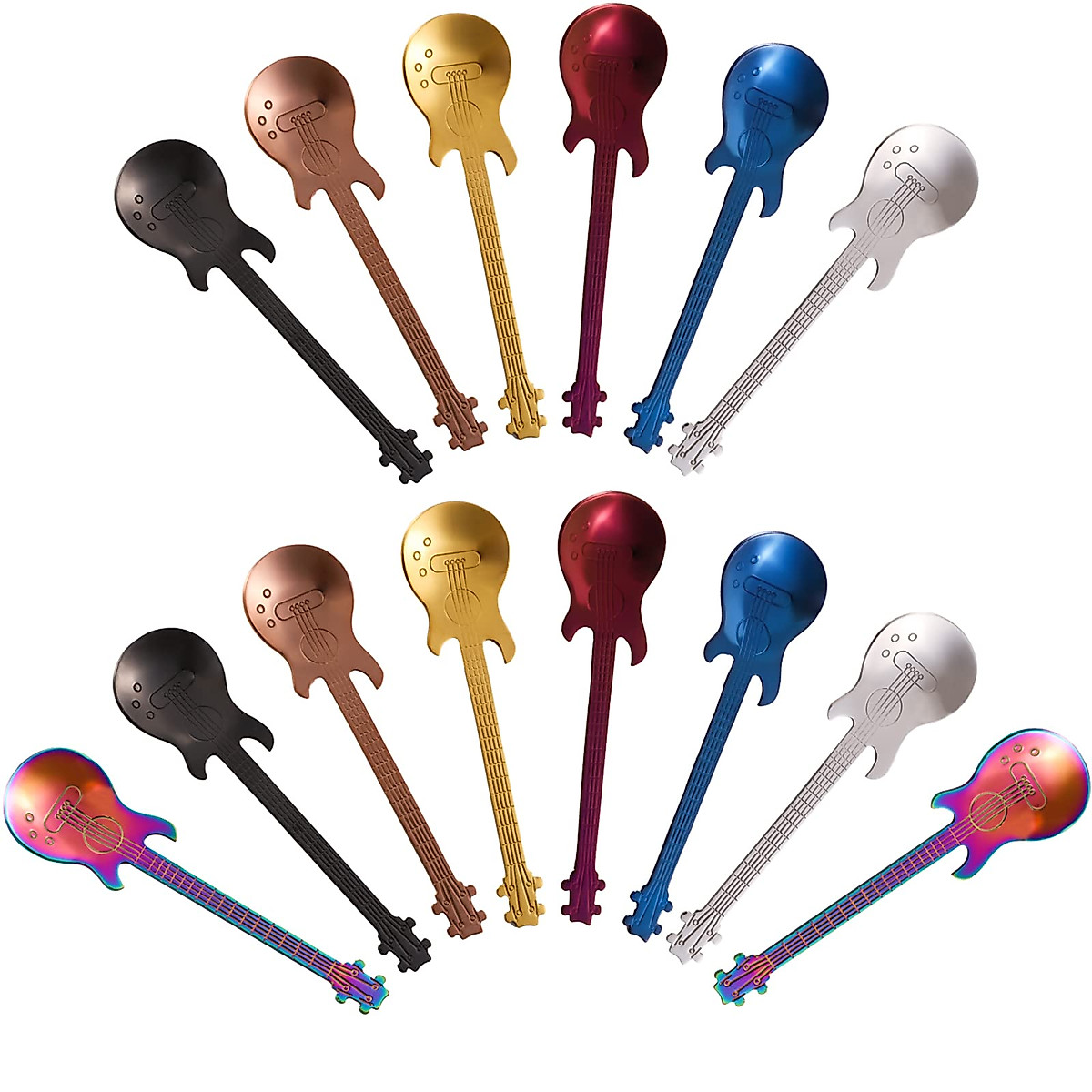 DEAYOU 14 Pieces Guitar Coffee Spoons, 18/10 Stainless Steel Small Spoon, 4.7 Inch Creative Demitasse Espresso Spoons for Dessert, Ice Cream, Tea, Stirring, Mixing, (Multi-Color)